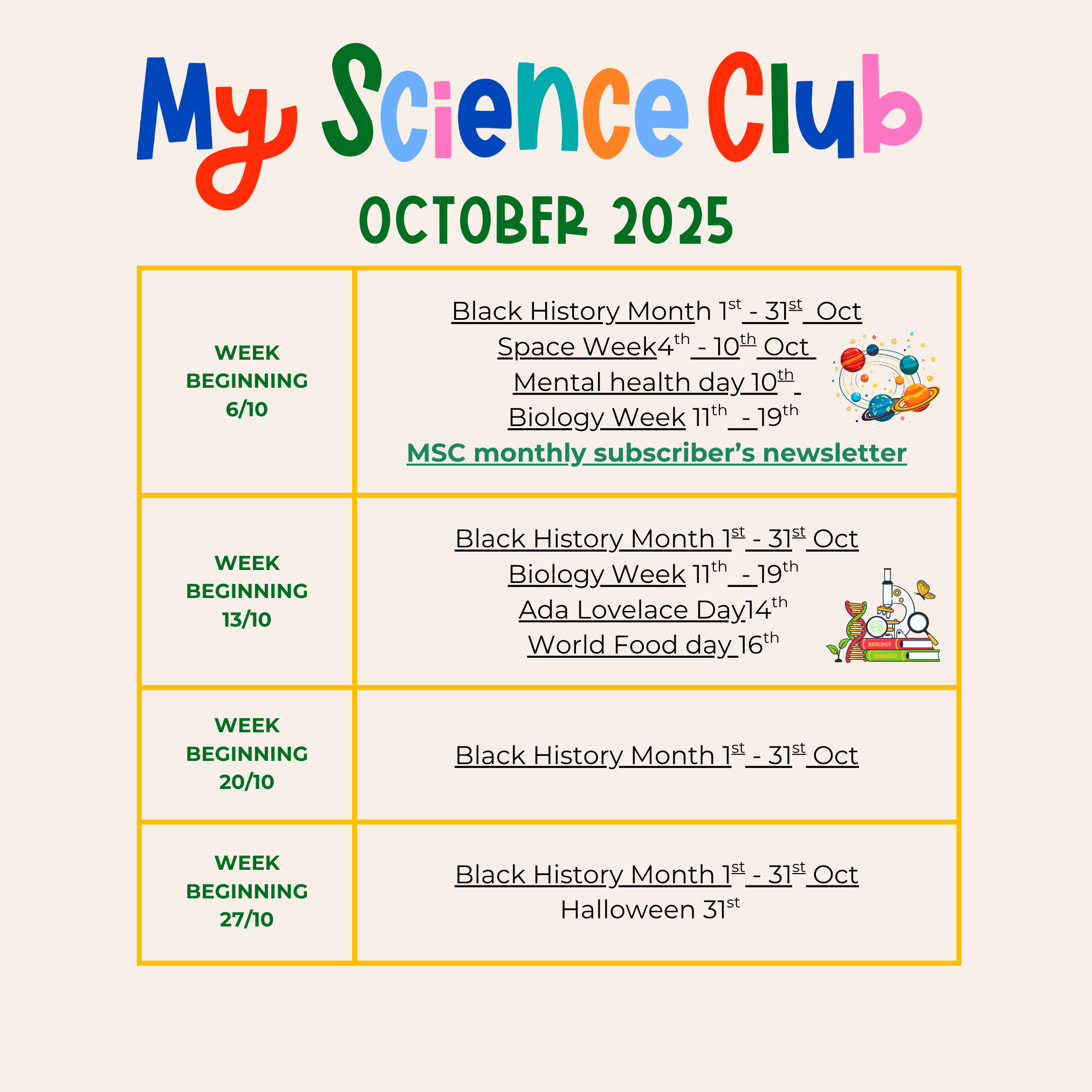 October STEM Calendar is LIVE! - My Science Club